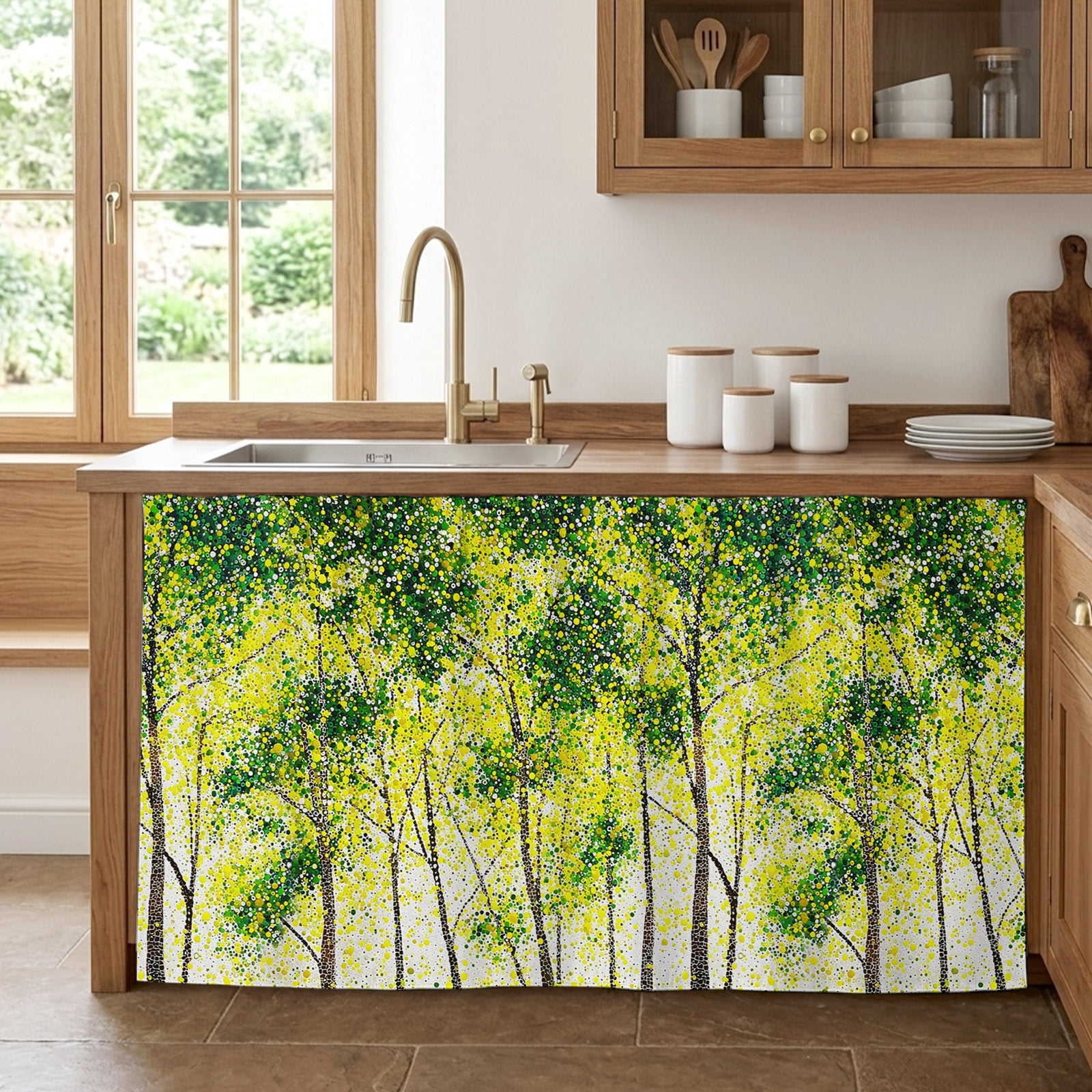 Birch Tree Cabinet Curtains 32"Wx55"L, Spring Summer Art Forest Yellow ...