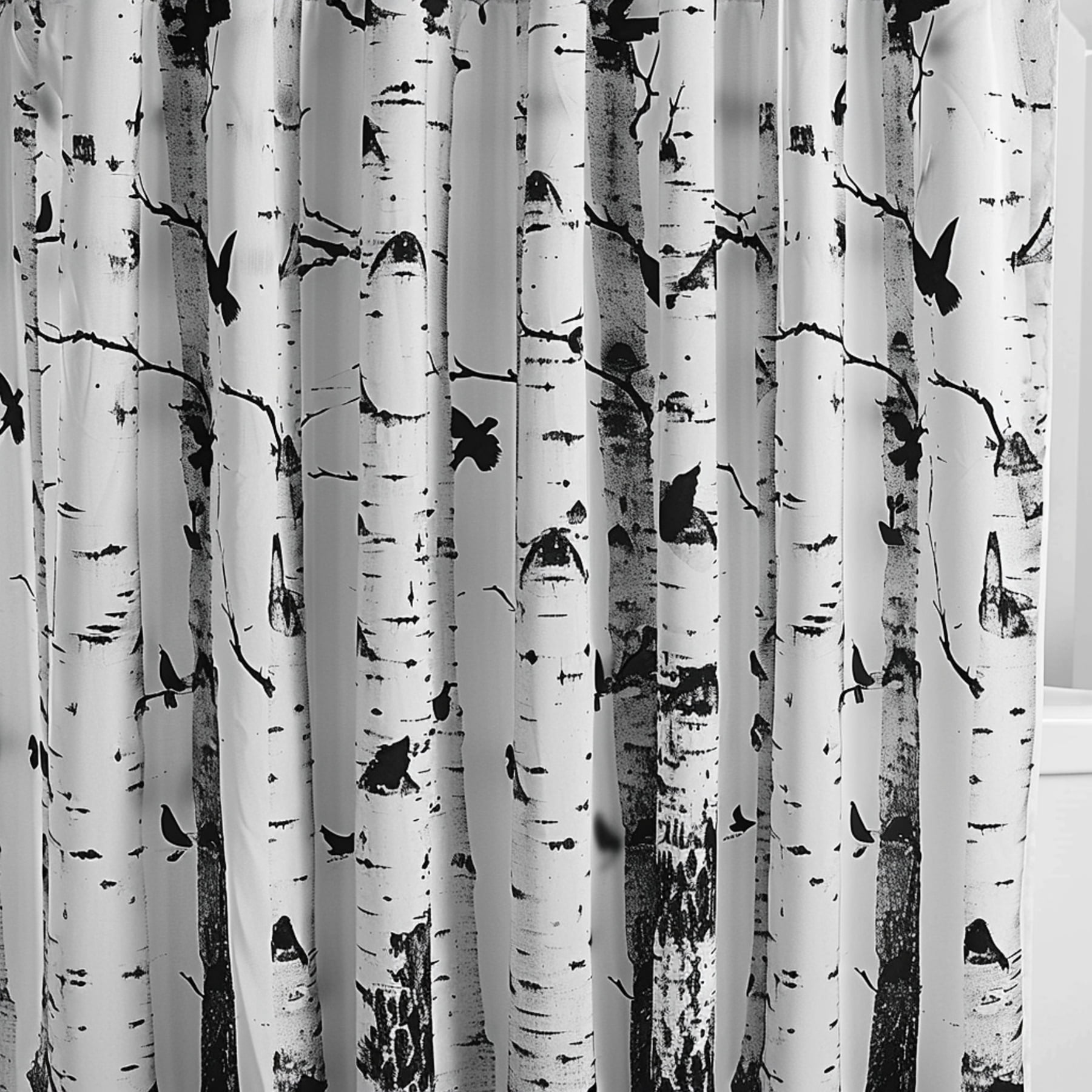 Birch Tree Curtain with Realistic Bird Marks Aspen Forest Design Fabric ...