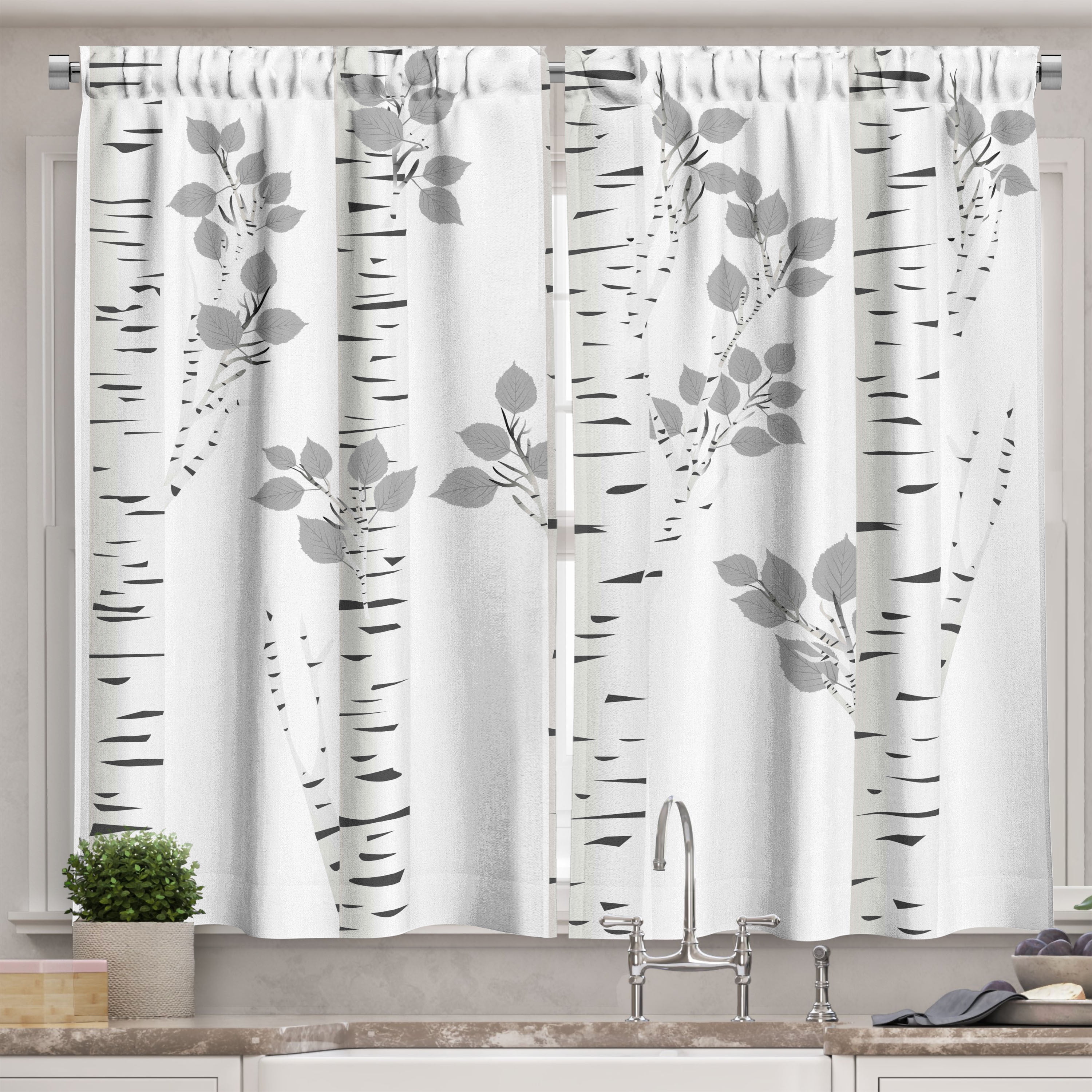 Birch Tree Curtains 2 Panels Set, Artistic White Branches with Leaves ...
