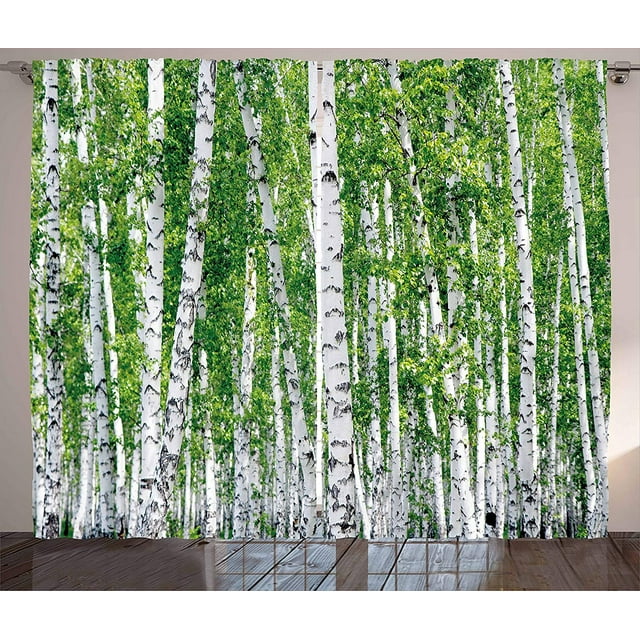 Birch Tree Curtains Fresh Green Leaves Summer Forest Rural Landscape ...