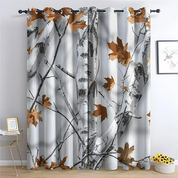 Birch Tree Curtains Set, Autumn Leaves Patterned Blackout Curtains For ...