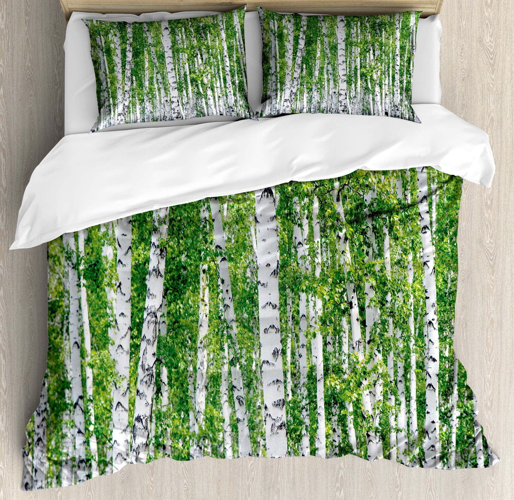 Birch Tree Duvet Cover Set, Fresh Green Leaves Summer Forest Rural ...