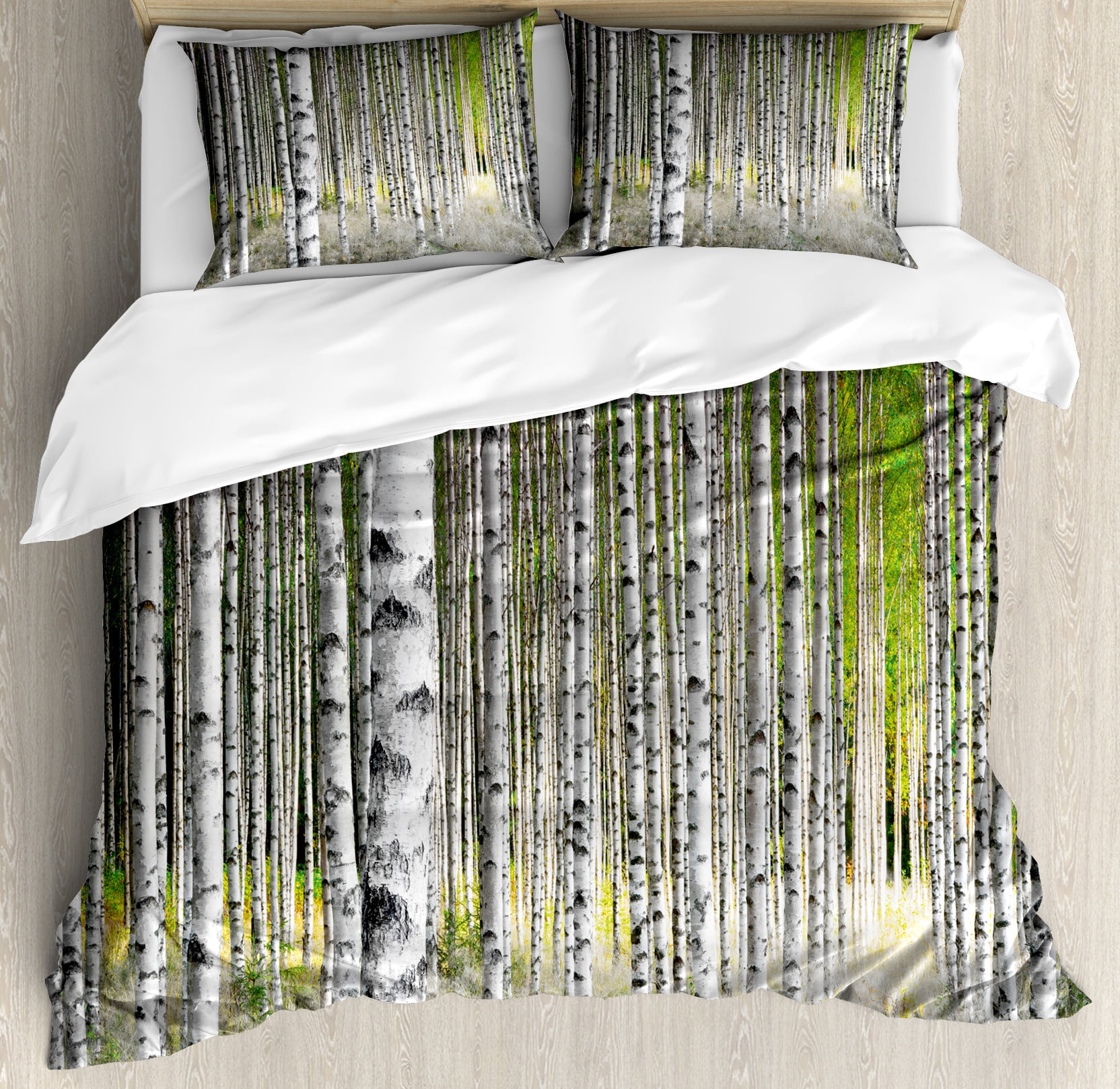 Birch Tree Duvet Cover Set, Peaceful Late Summer Woodland Trunks Leaves ...