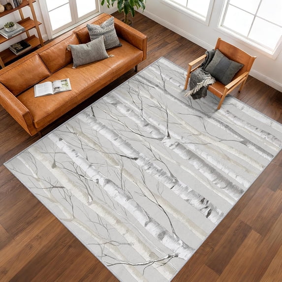 Birch Tree Forest Area Rug, Woodland Landscape Pattern Carpet, Washable ...