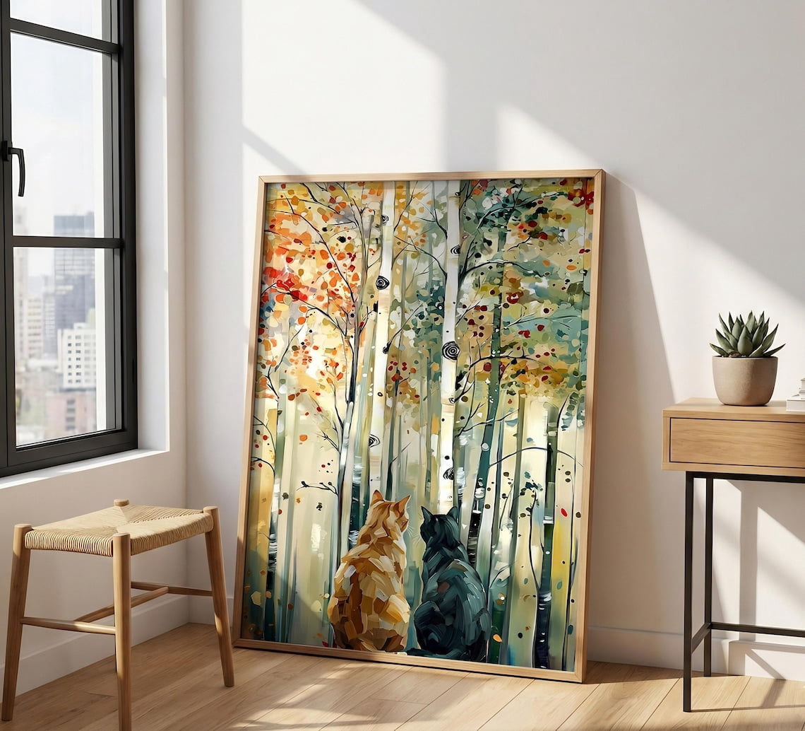 Birch Tree Forest Autumn Landscape Cat Tall Narrow Orange Black Cat ...