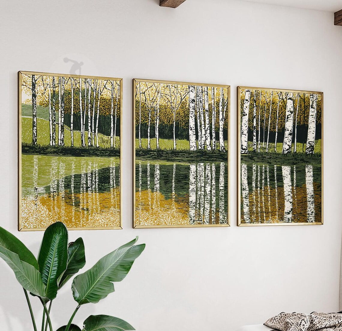 Birch Tree Forest Golden Lake Autumn Landscape Art Set 3 Stretched ...