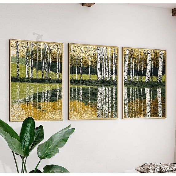 Birch Tree Forest Golden Lake Autumn Landscape Art Set 3 Stretched ...
