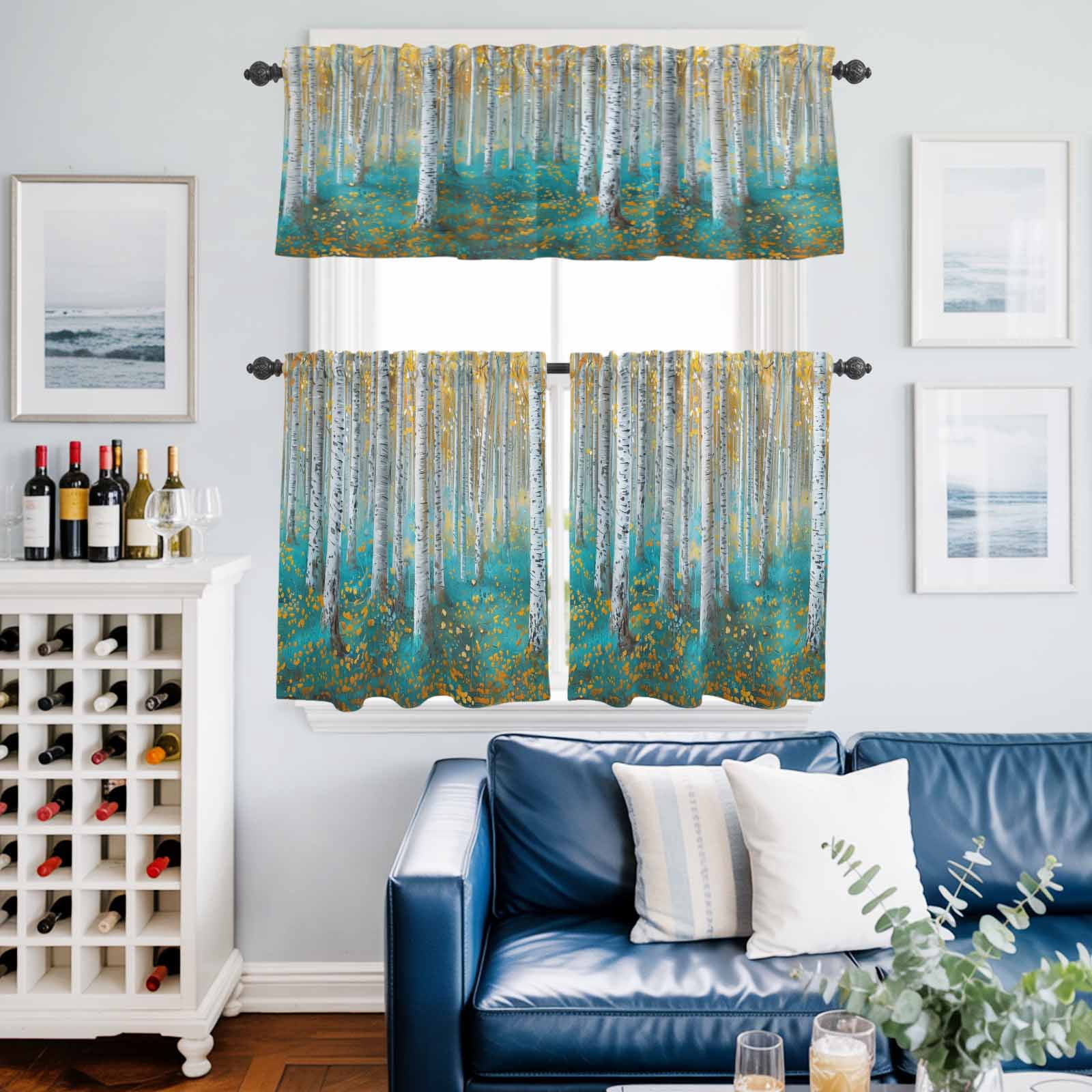 Birch Tree Forest Retro Oil Painting Art Curtain Tier and Valance Set 3 ...