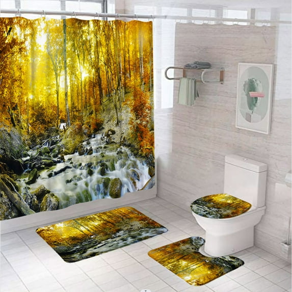 Birch Tree Forest Stream Scenery Shower Curtain Set Waterfall Landscape ...