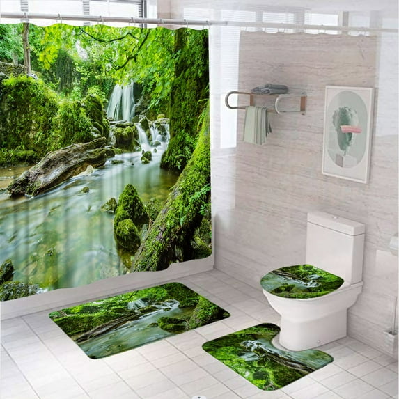 Birch Tree Forest Stream Scenery Shower Curtain Set Waterfall Landscape ...