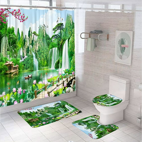 Birch Tree Forest Stream Scenery Shower Curtain Set Waterfall Landscape ...
