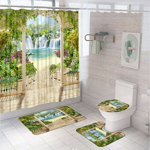 Birch Tree Forest Stream Scenery Shower Curtain Set Waterfall Landscape ...