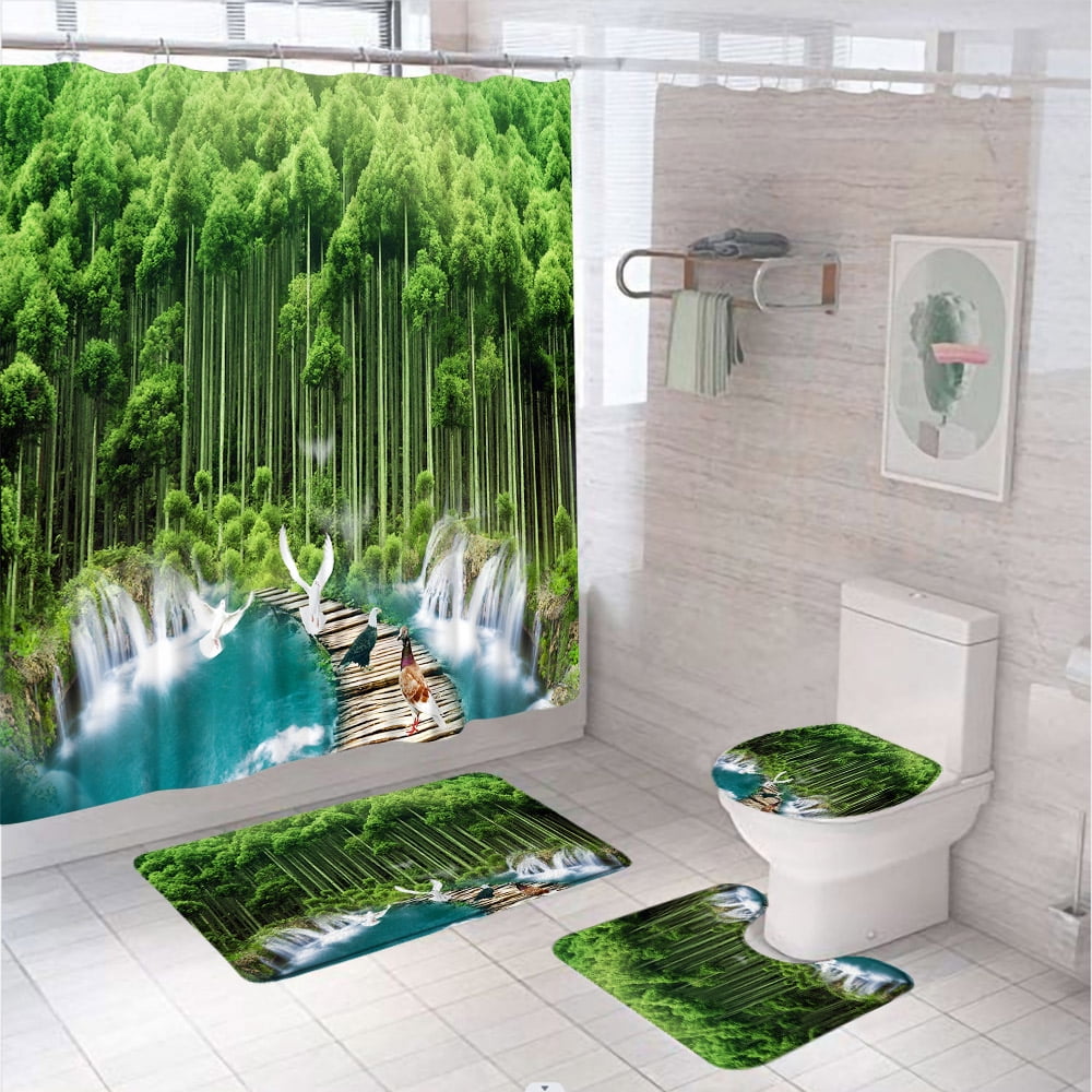 Birch Tree Forest Stream Scenery Shower Curtain Set Waterfall Landscape ...