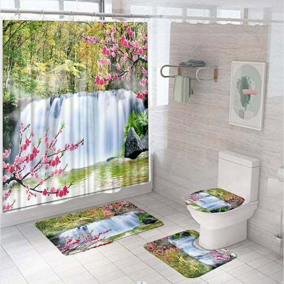 Birch Tree Forest Stream Scenery Shower Curtain Set Waterfall Landscape ...