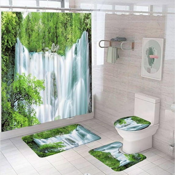 Birch Tree Forest Stream Scenery Shower Curtain Set Waterfall Landscape ...