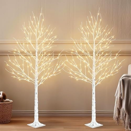Birch Tree with LED Lights, 2 Pack 6ft Lighted White Christmas Trees ...