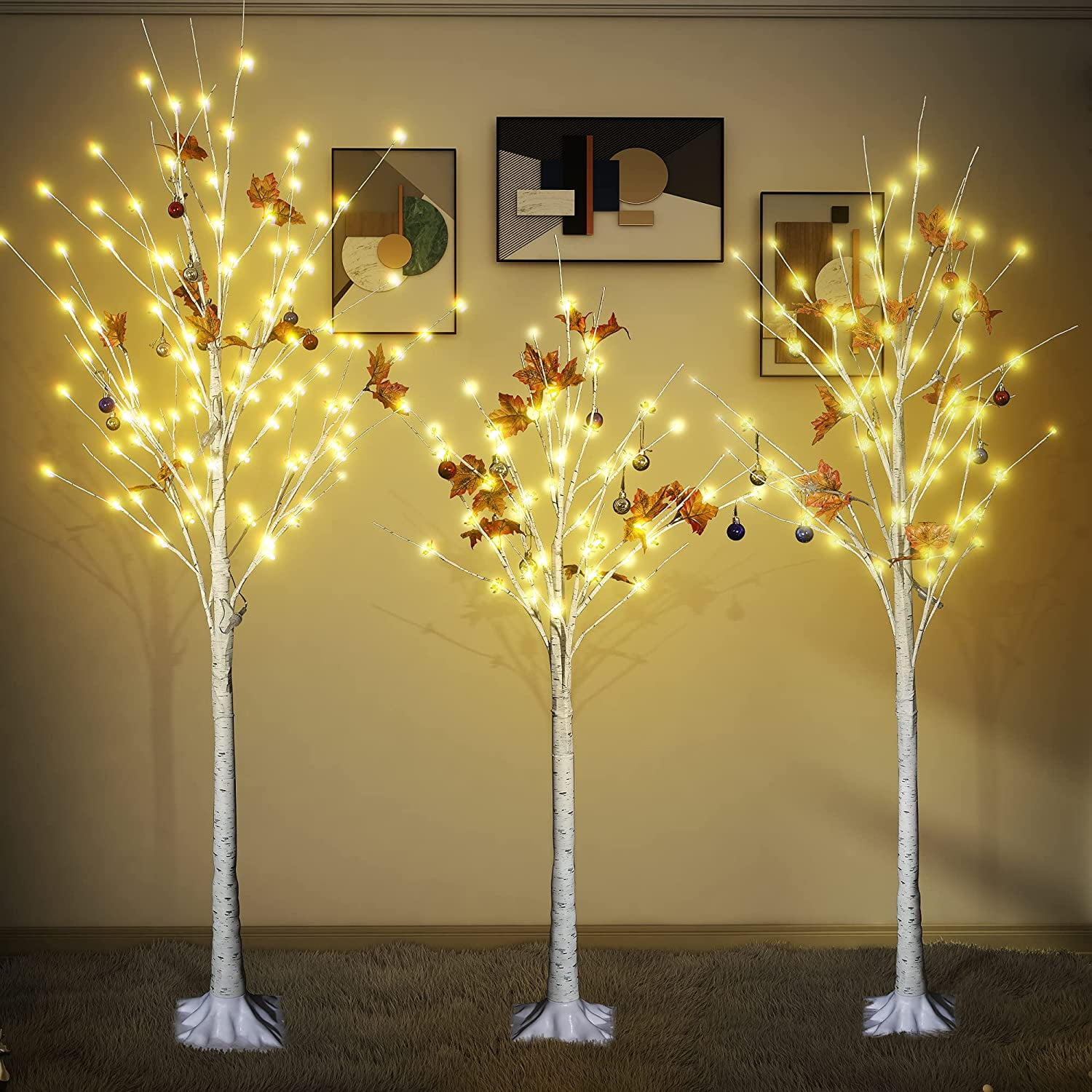Birch Tree with Led Lights Set of 3, 4FT 5FT 6FT Prelit Christmas Tree ...