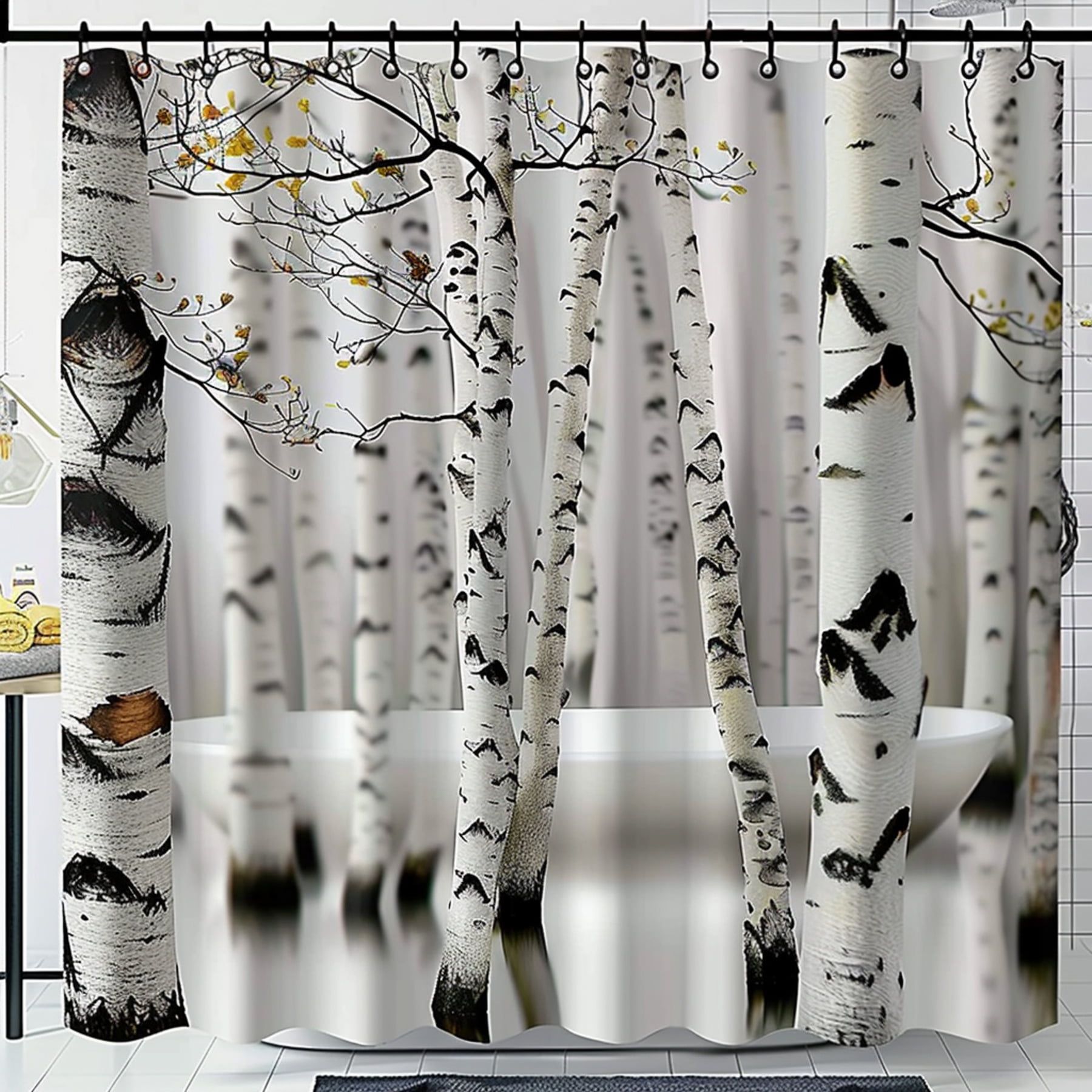 Birch Tree Print Shower Curtain with Black Fabric Rings Bathroom Decor ...