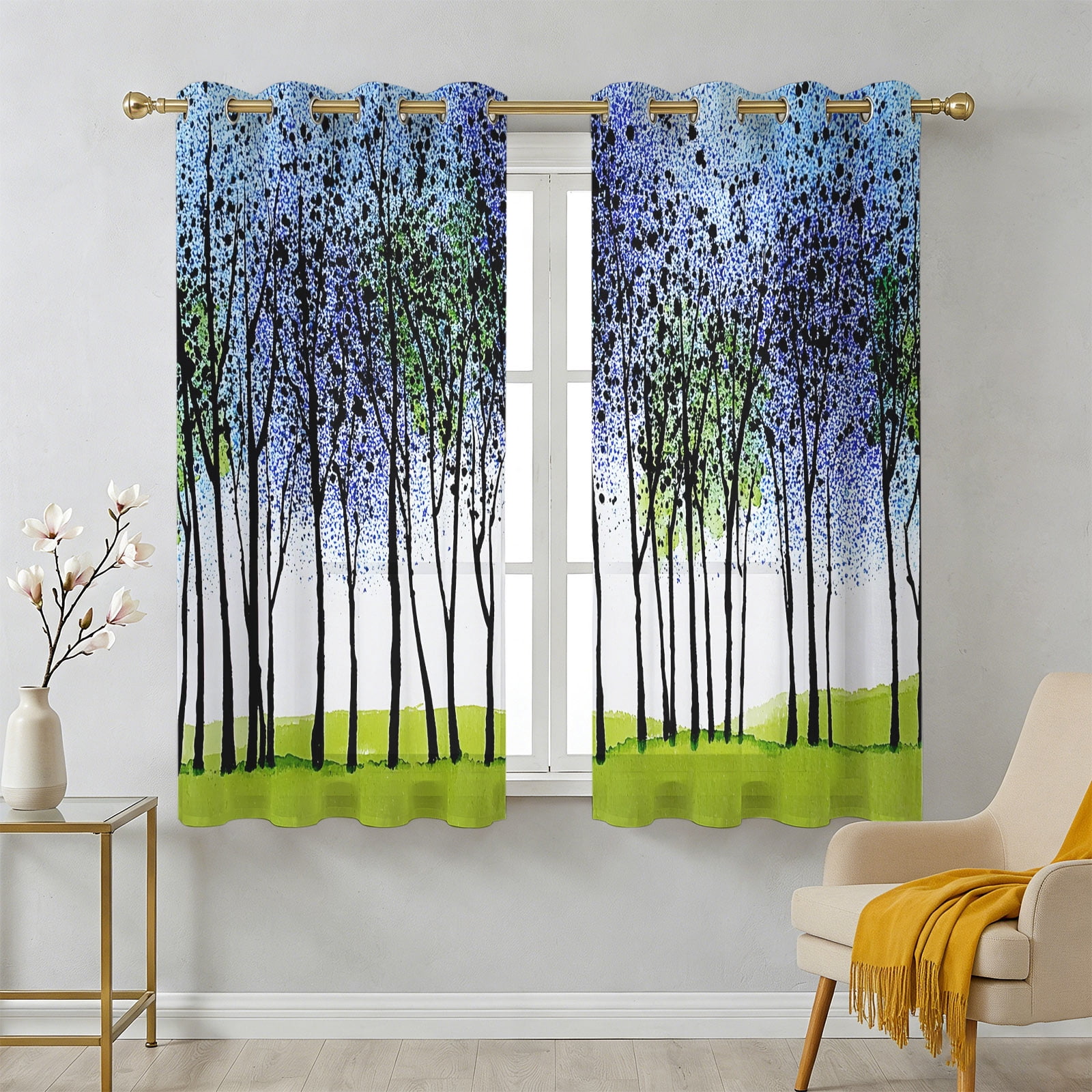 Birch Tree Sheer Curtains 54 Inch Long 2 Panels, Spring Summer Art ...
