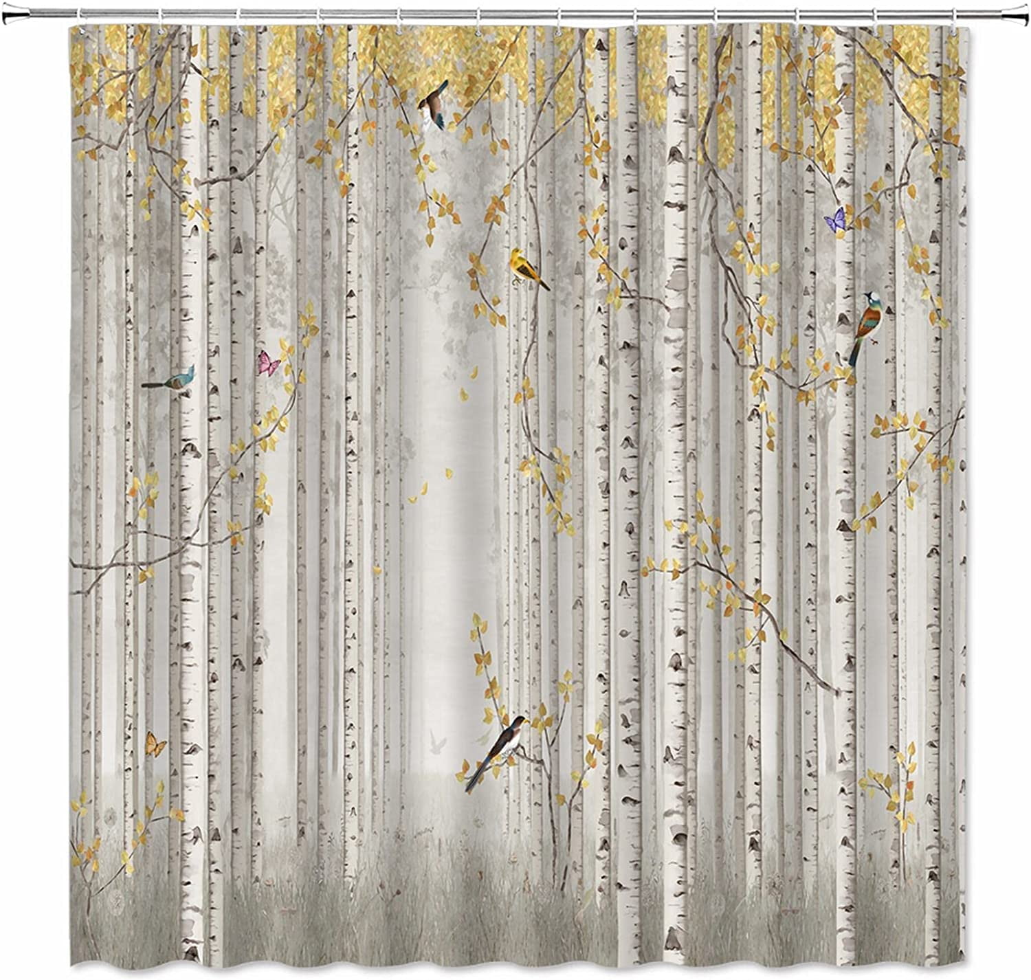 Birch Tree Shower Curtain Fall Forest Yellow Leaves Mottled Trunk Bird ...