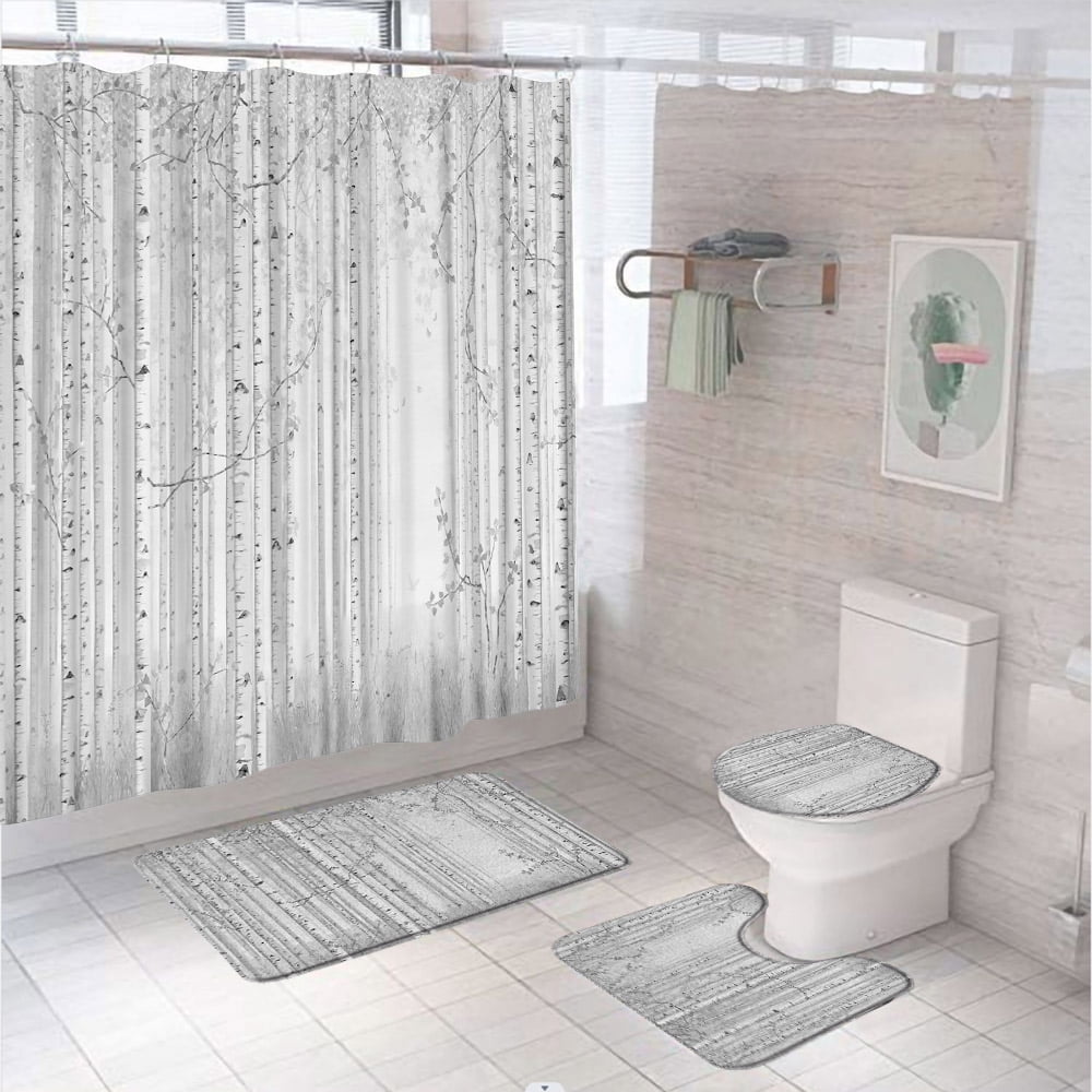Birch Tree Shower Curtain Set Fresh Green Leaves Summer Forest Rural ...