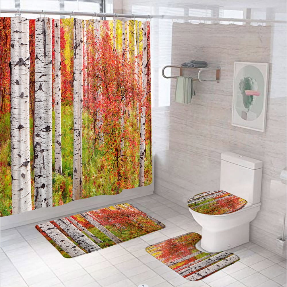 Birch Tree Shower Curtain Set Fresh Green Leaves Summer Forest Rural ...
