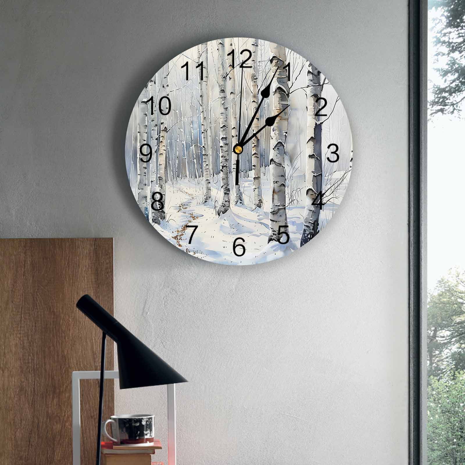 Birch Tree Snow Landscape Watercolor PVC Wall Clock Bedroom ration Wall ...