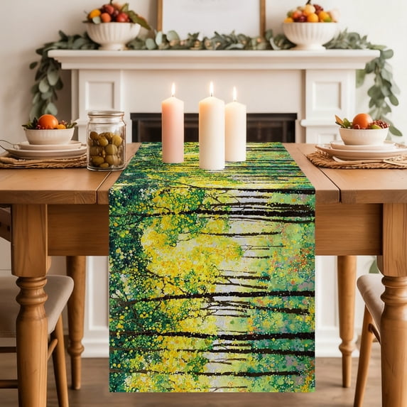 Birch Tree Table Runner, Spring Summer Art Forest Yellow Green Leaf ...