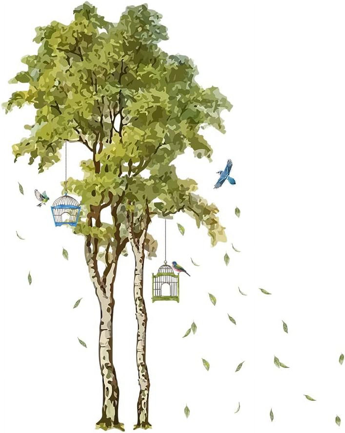 Birch Tree Wall Stickers Birds Fallen Leaves Wall Decals Peel and Stick ...