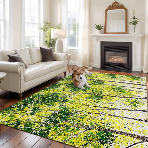 Birch Tree Washable Area Rug 8x10 Spring Summer Art Forest Yellow Green ...