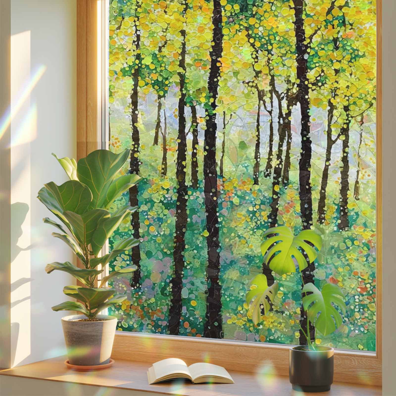 Birch Tree Window Privacy Film, Spring Summer Art Forest Yellow Green ...