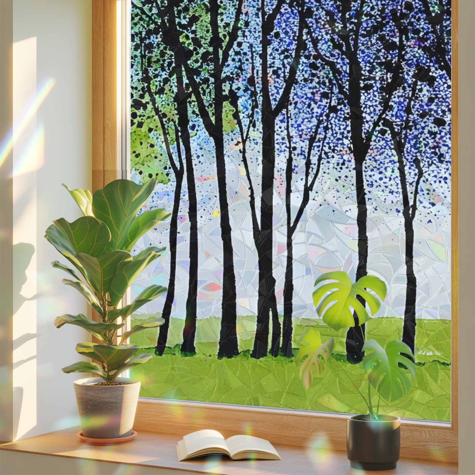 Birch Tree Window Privacy Film, Spring Summer Art Purple Green Leaf ...