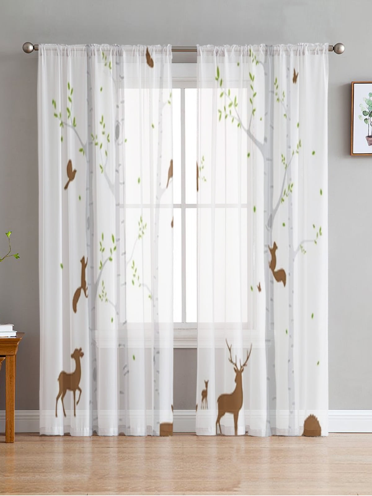 Birch Tree With Deer And Birds Chiffon Sheer Curtains For Living Room ...