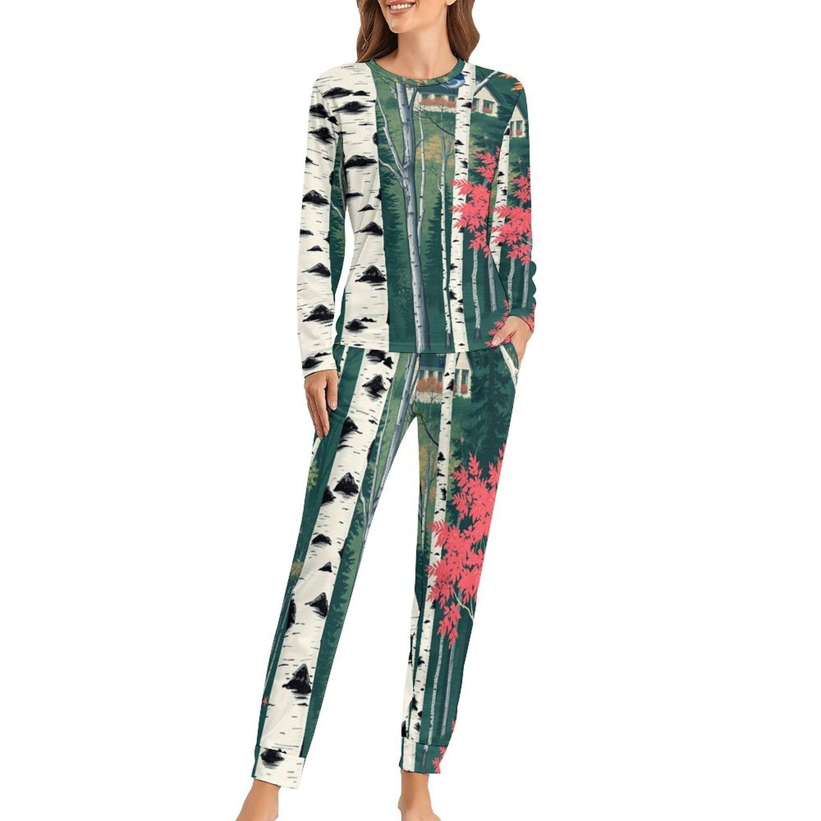Birch Trees Autumn Scene Pajamas 2 Pieces Pajama Sets Woman Long Sleeve ...