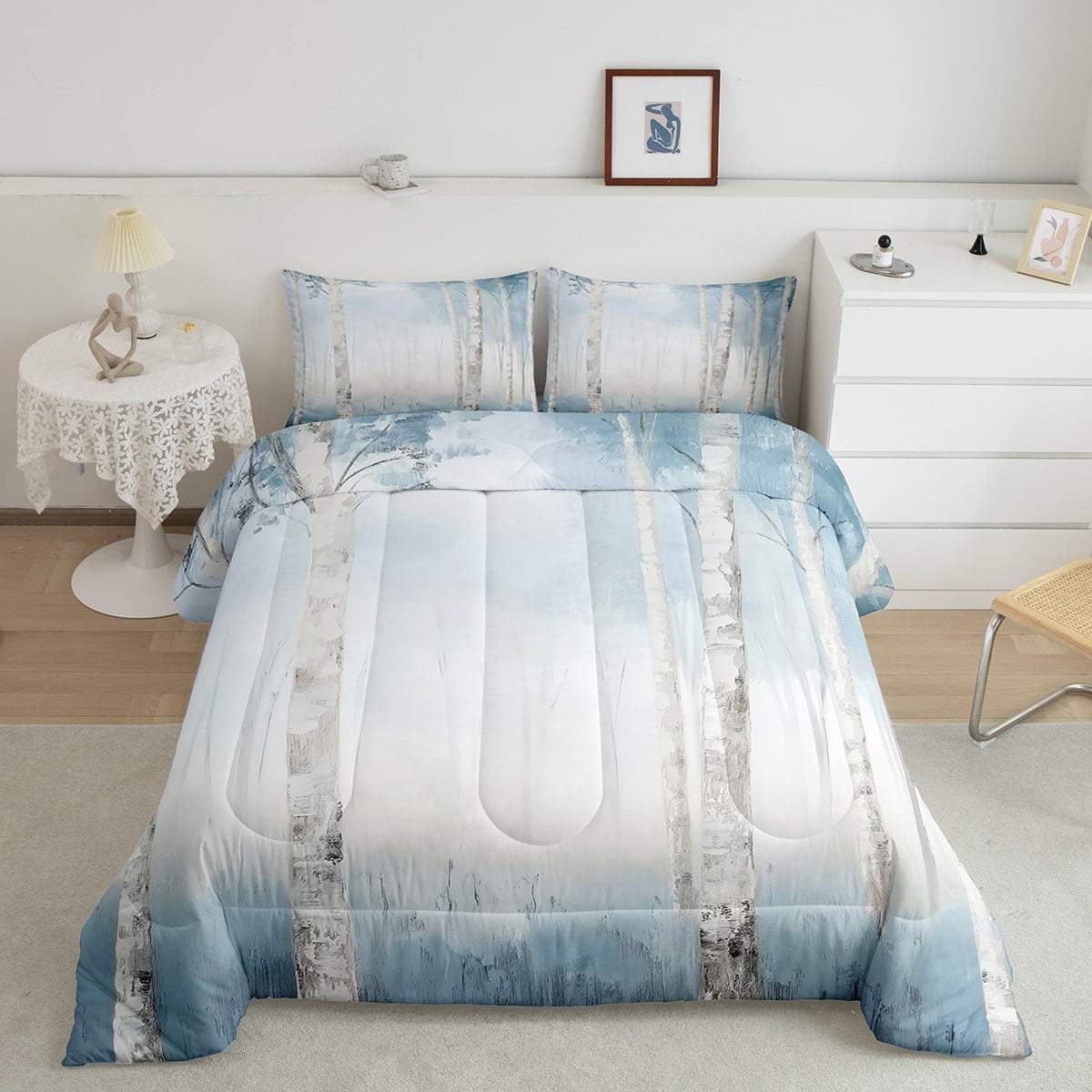 Birch Trees Bedding Set,Watercolor Botanical Trees Comforter Set King ...