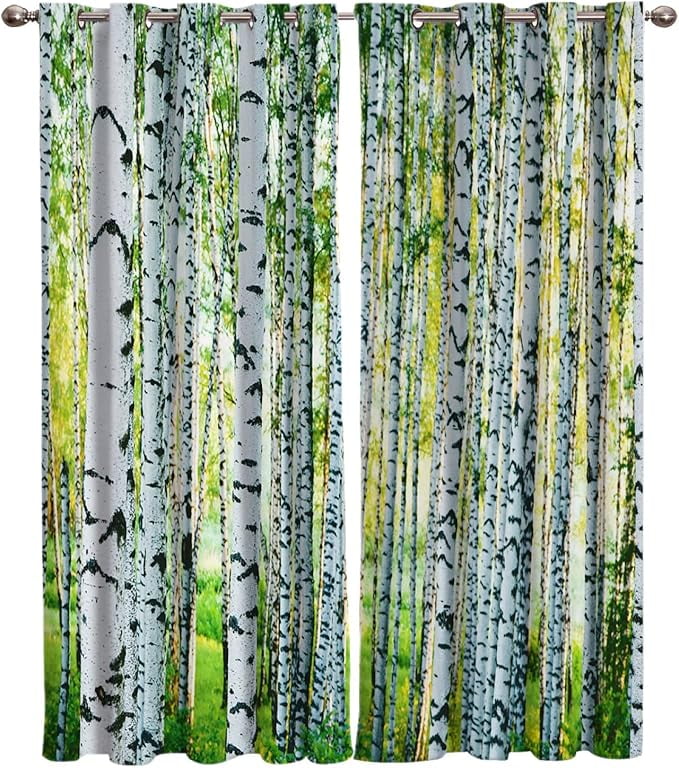 Birch Trees Blackout Curtains, 3D Forest Print Window Curtains, Thermal ...