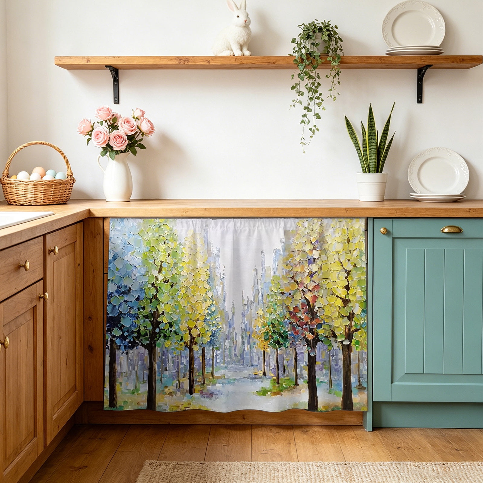 Birch Trees Path Cabinet Curtains 28" W x 35" L, Leaves Autumn Forest ...