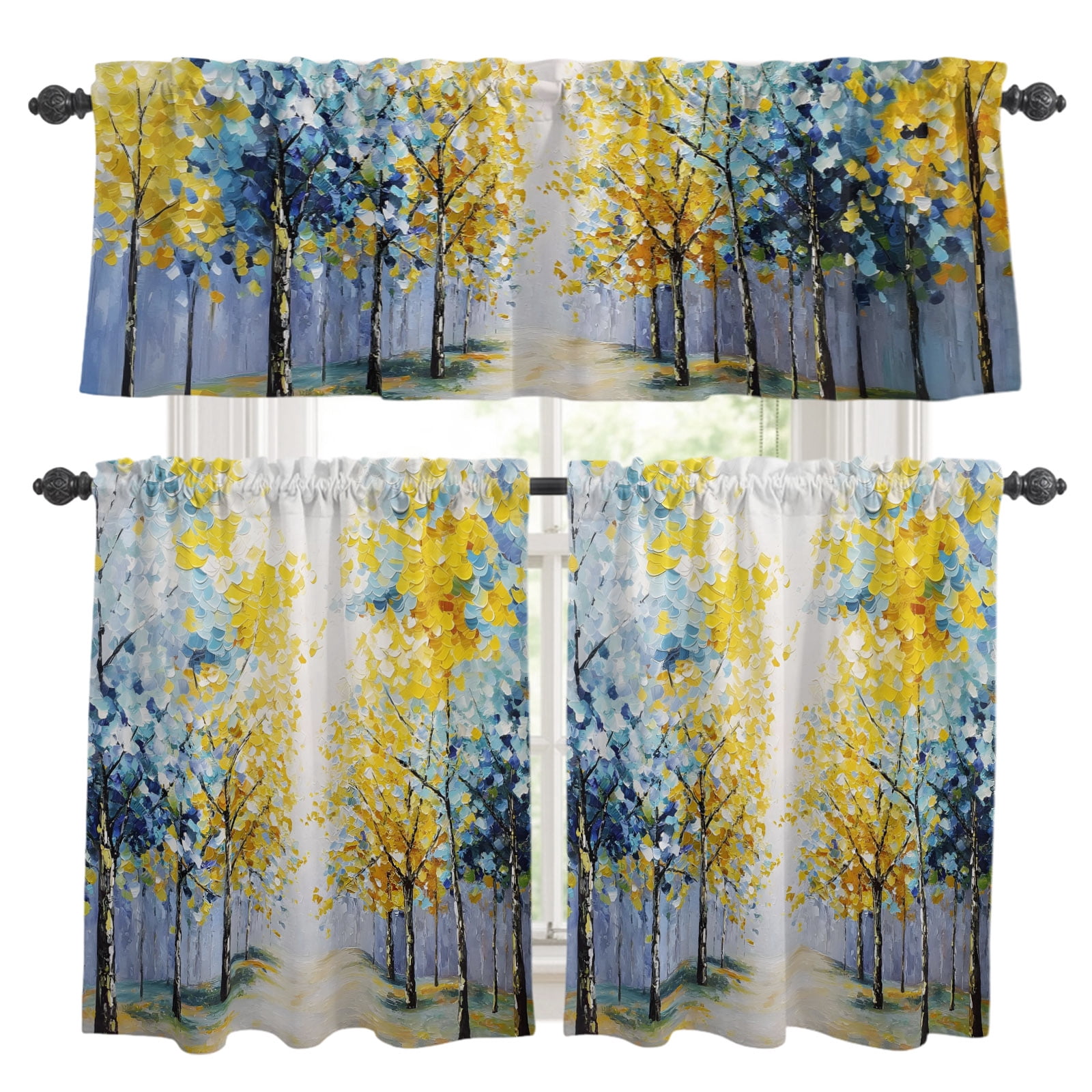 Birch Trees Path Kitchen Curtains Set for Windows, Nature Leaves Forest ...
