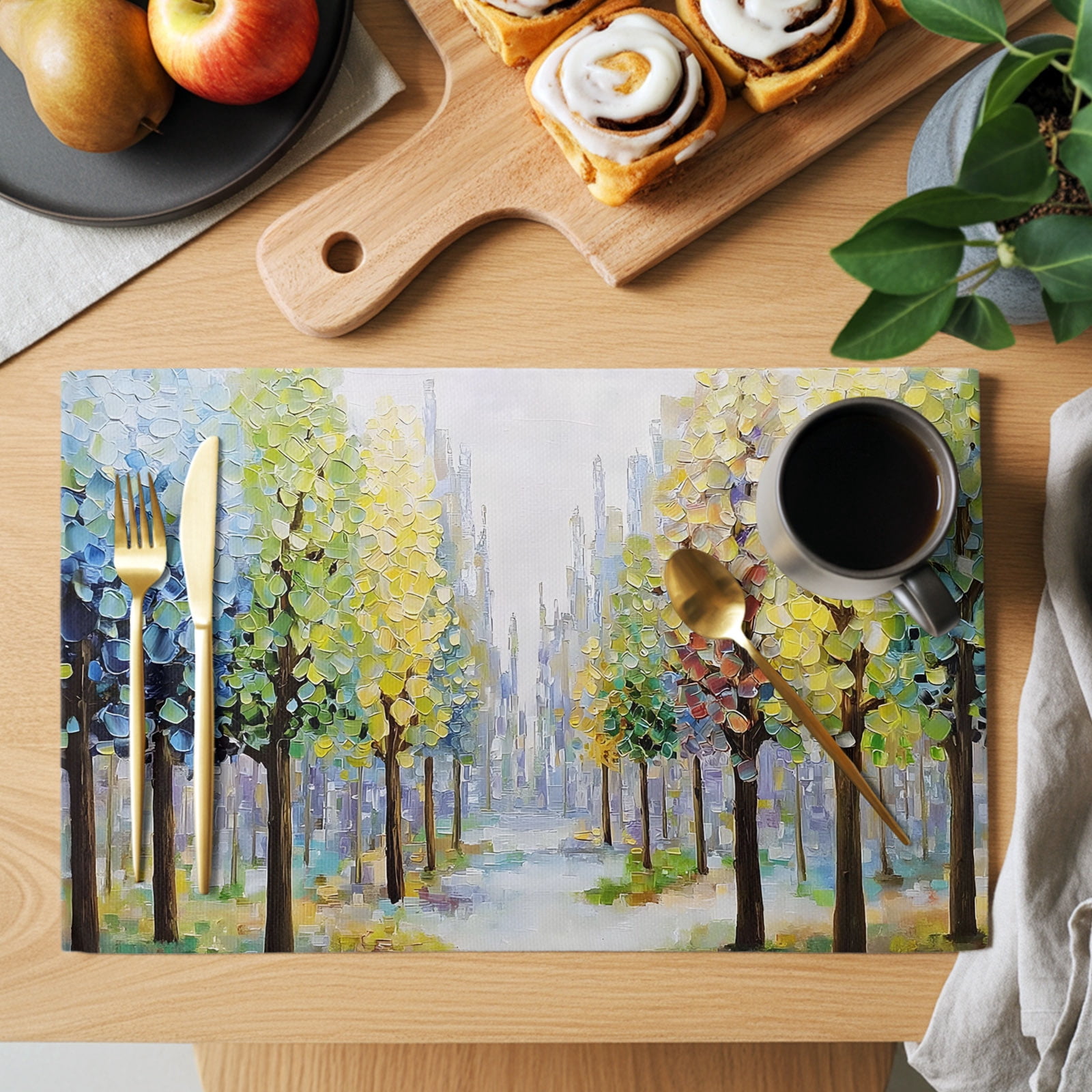 Birch Trees Path Placemats Set of 2, Leaves Autumn Forest Landscape ...