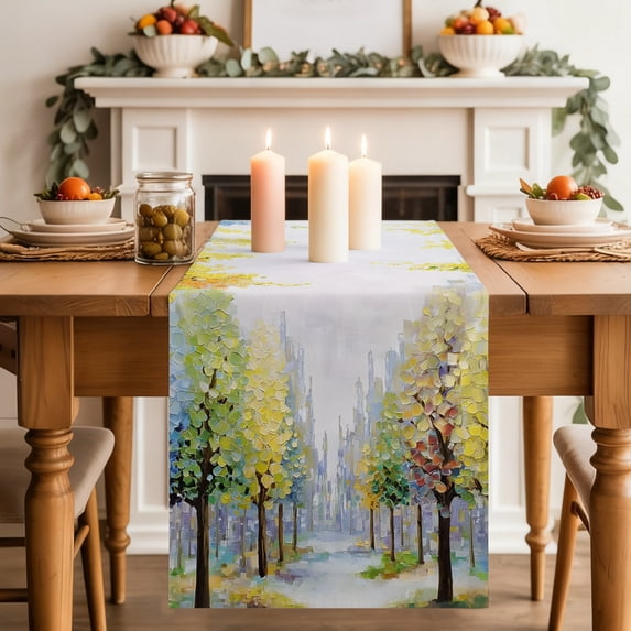 Birch Trees Path Table Runner, Leaves Autumn Forest Landscape Washable ...