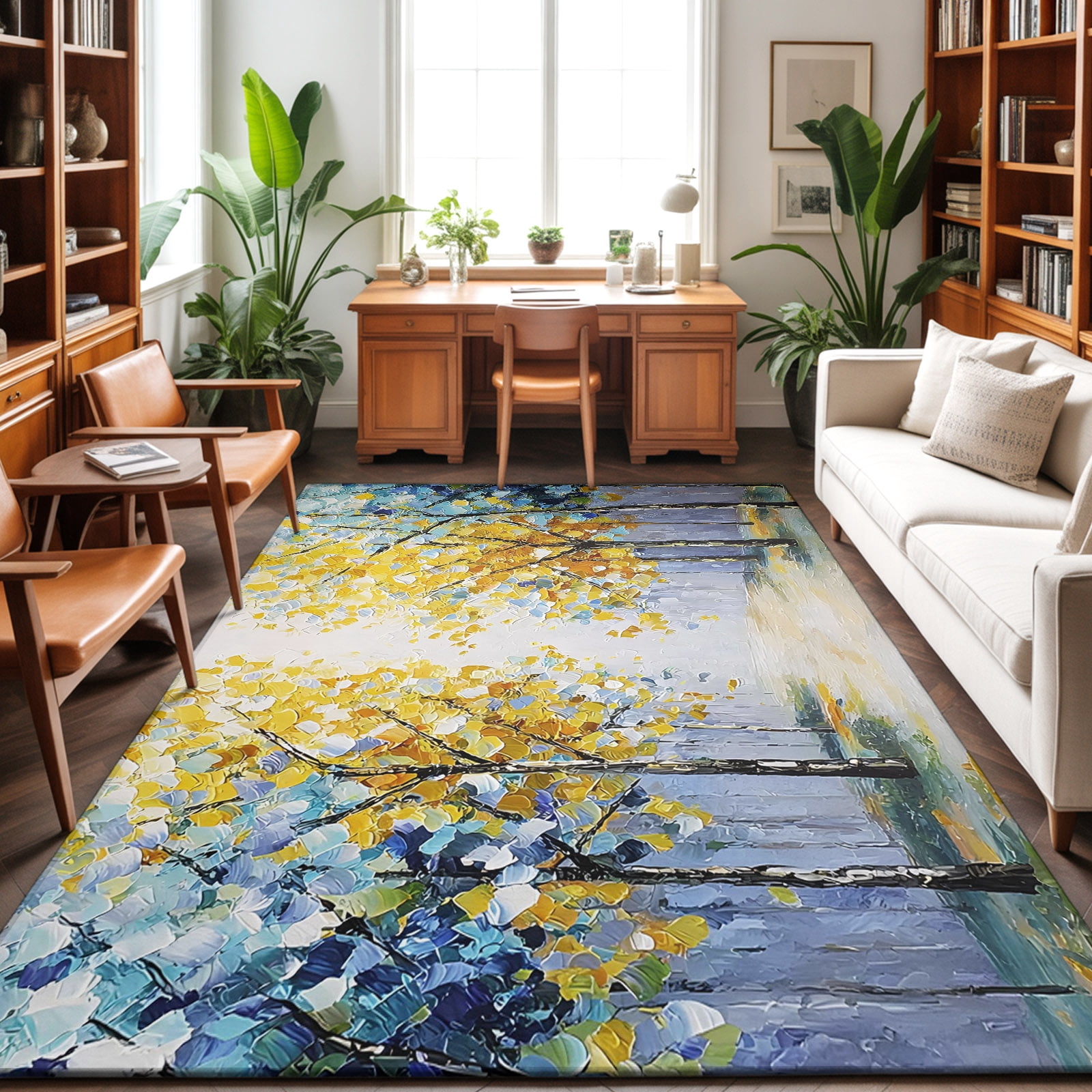 Birch Trees Path Washable Area Rug 6 x 9 ft Nature Leaves Forest ...