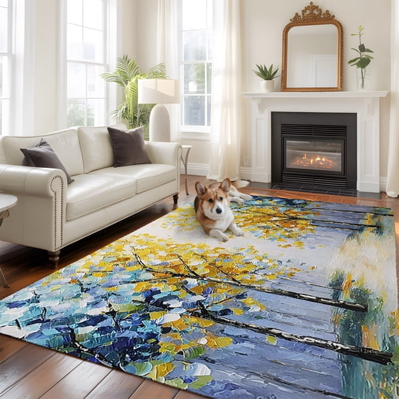 Birch Trees Path Washable Area Rug 8x10 Nature Leaves Forest Landscape ...