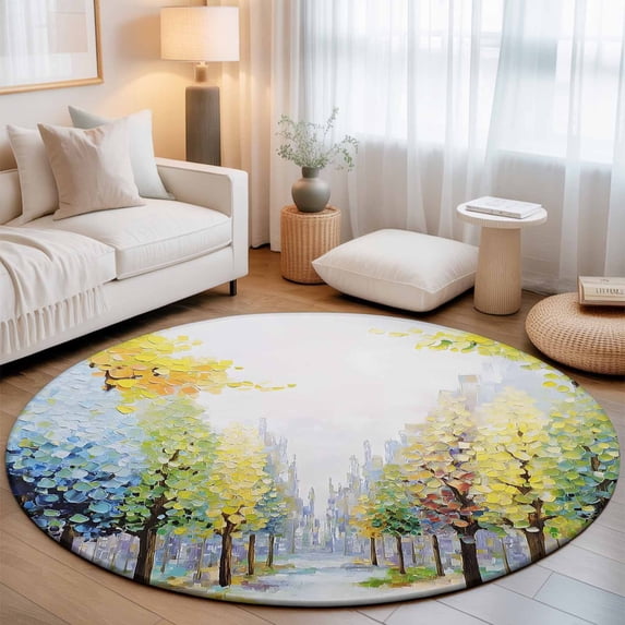Birch Trees Path Washable Round Area Rug 3 ft, Leaves Autumn Forest ...