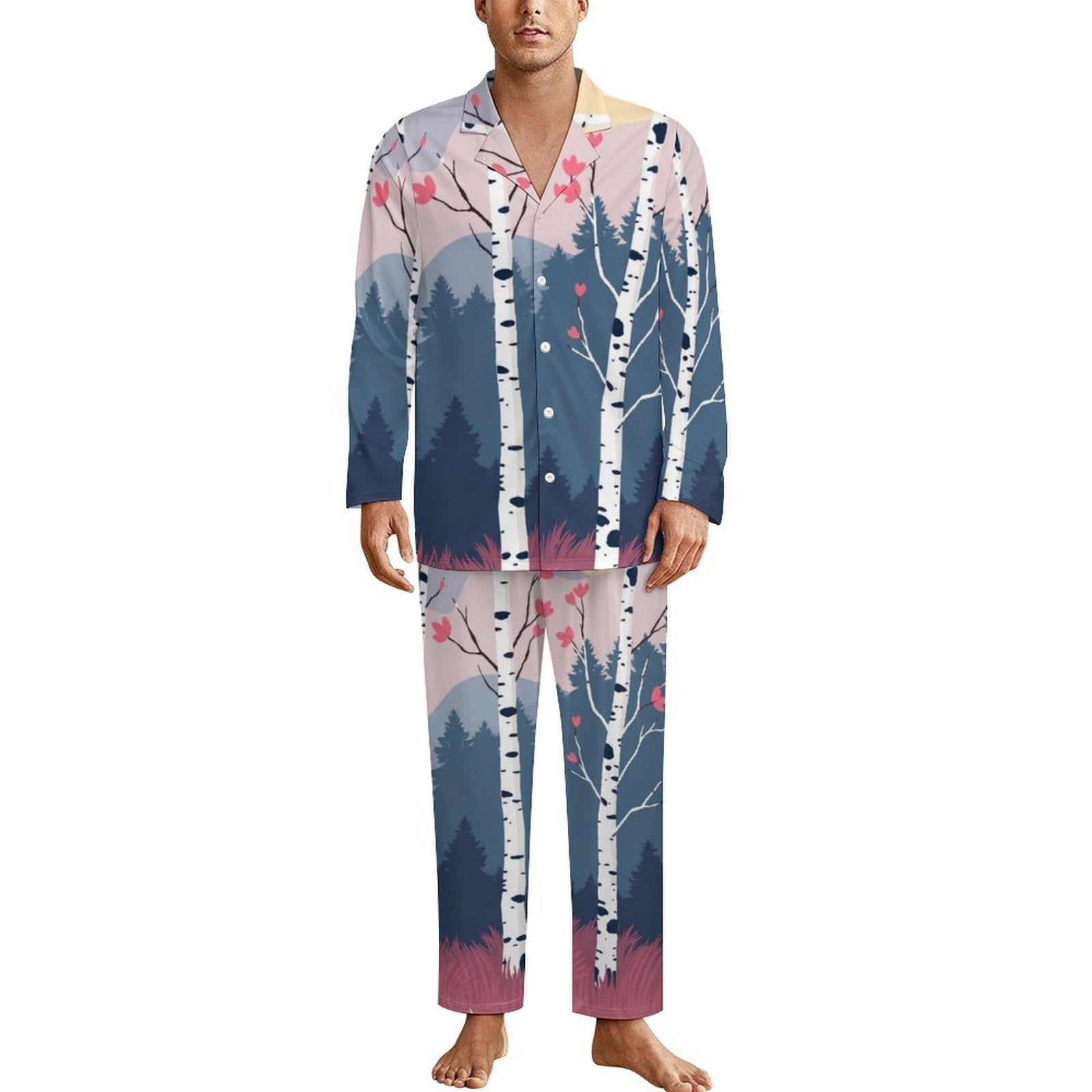 Birch Trees Sunset Landscape Pajama Set Autumn Soft Home Sleepwear Man ...