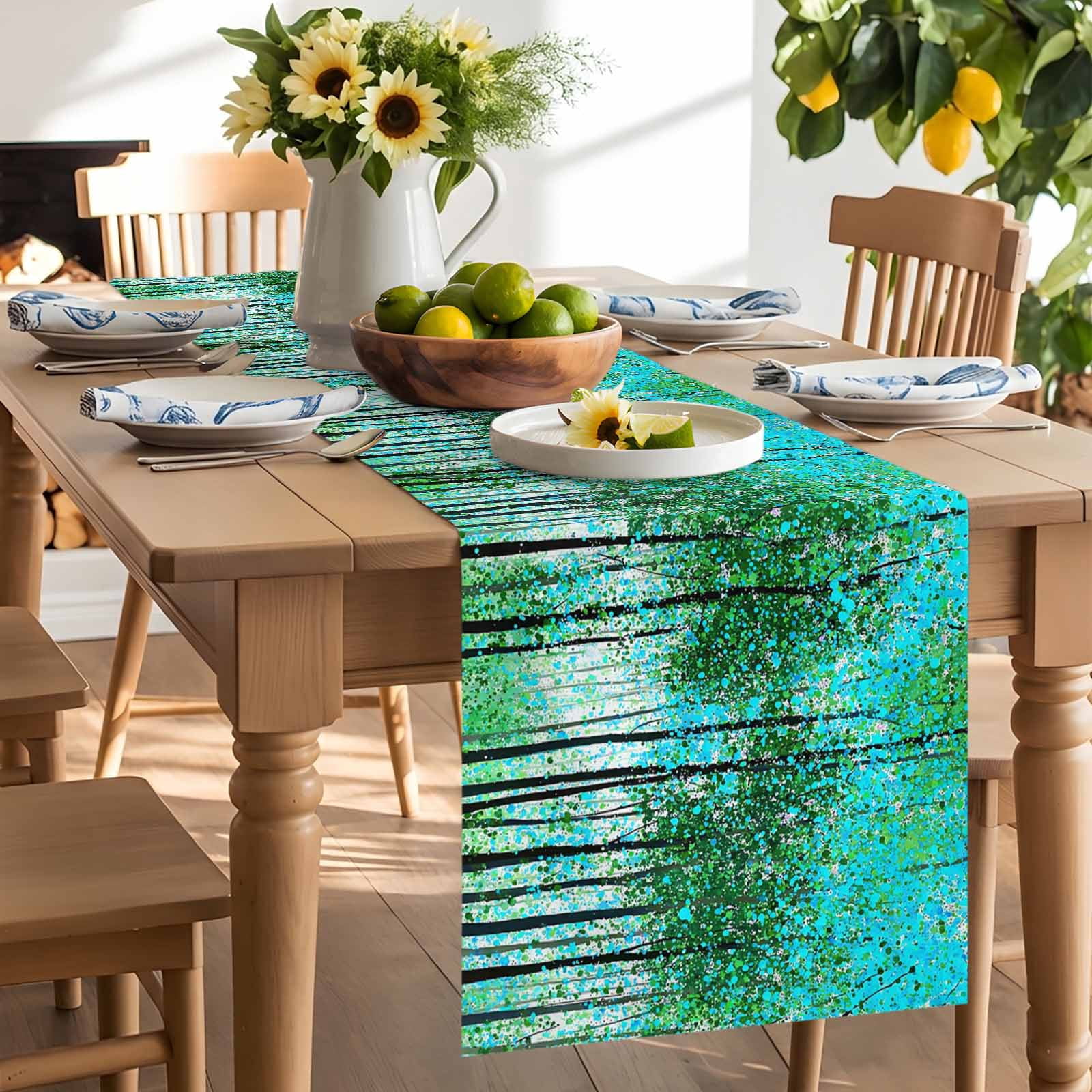 Birch Trees Table Runner, Spring Summer Art Forest Green Leaf Rustic ...
