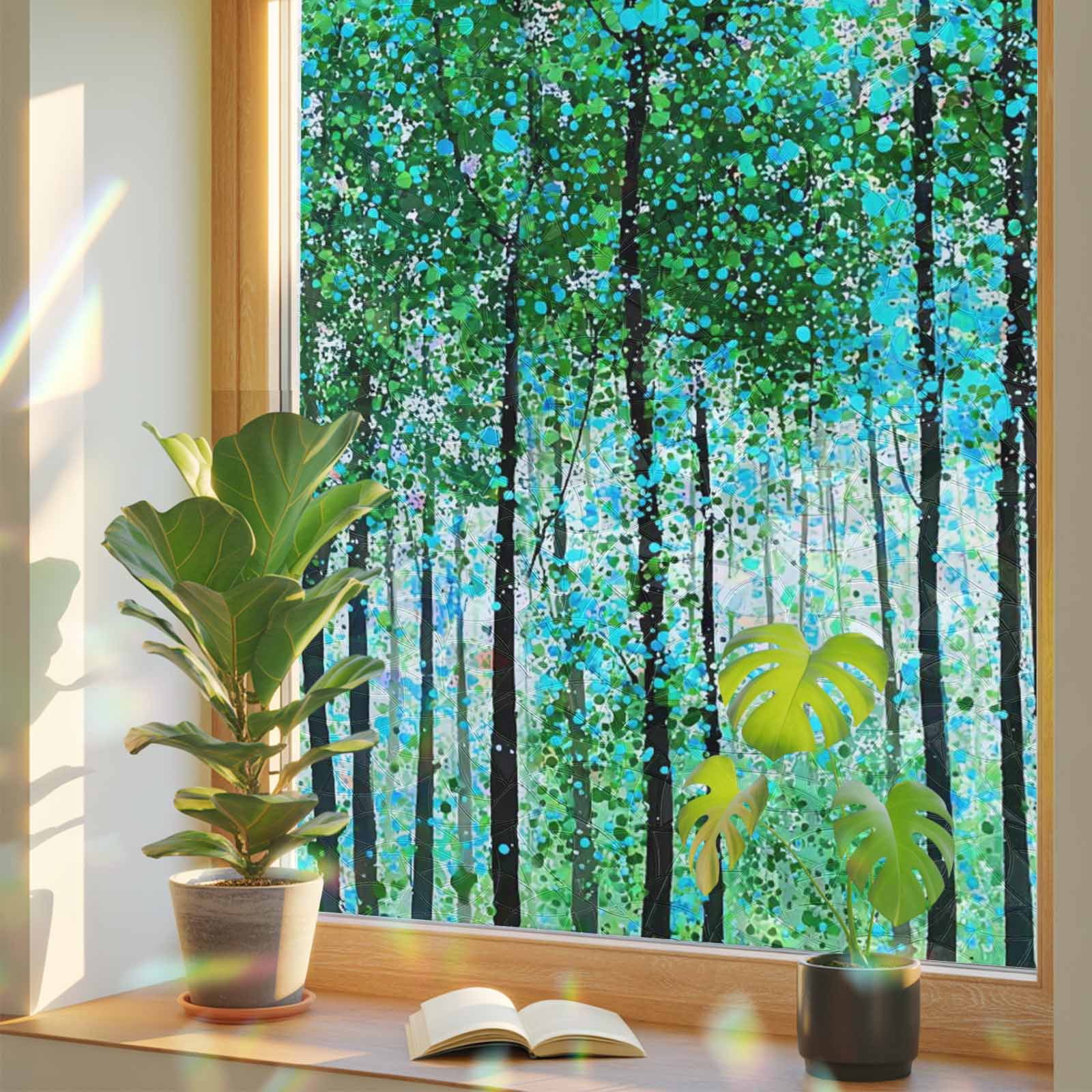 Birch Trees Window Privacy Film, Spring Summer Art Forest Green Leaf ...