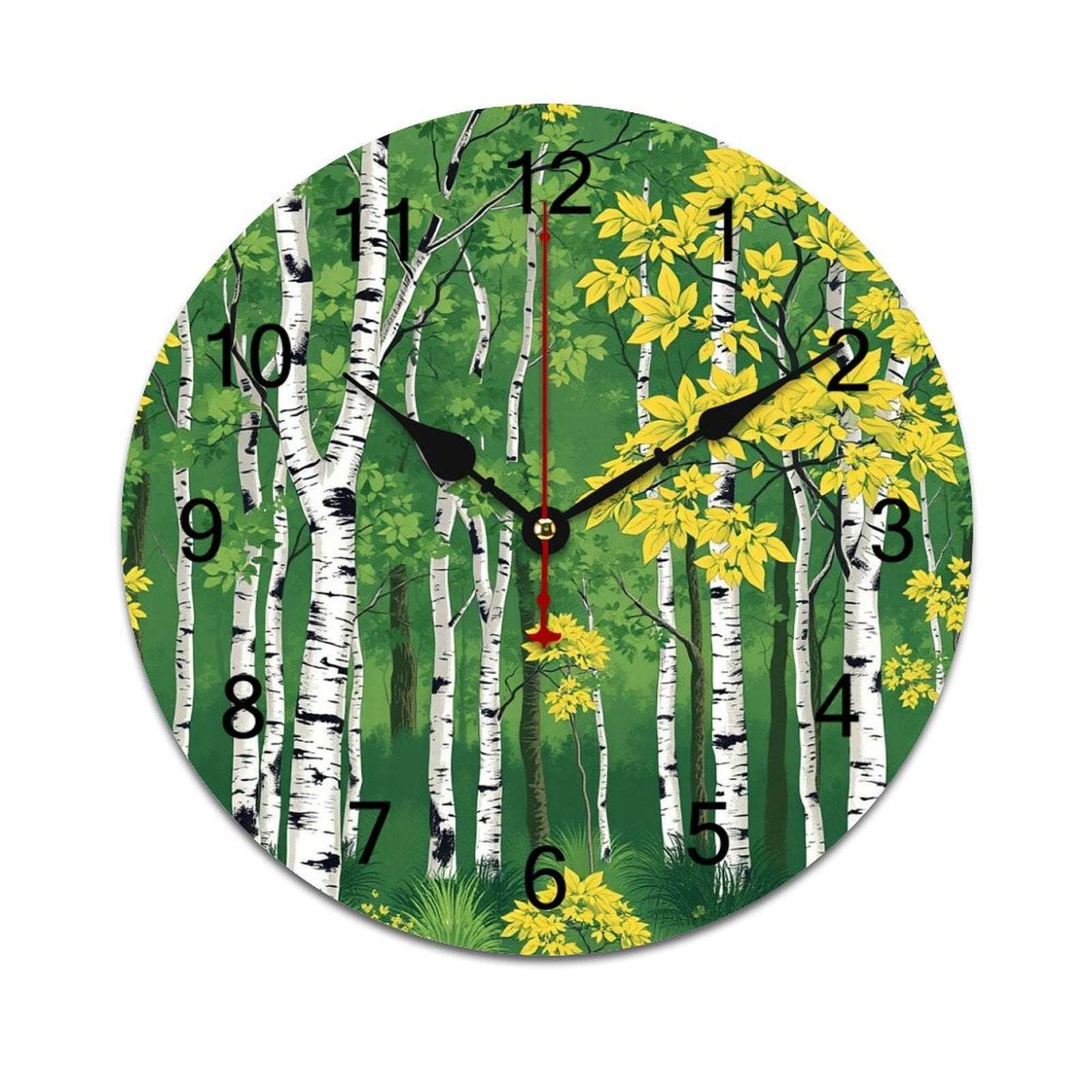 Birch Trees Yellow Flowers Time Decorative Wall Clocks Round Large Wall ...