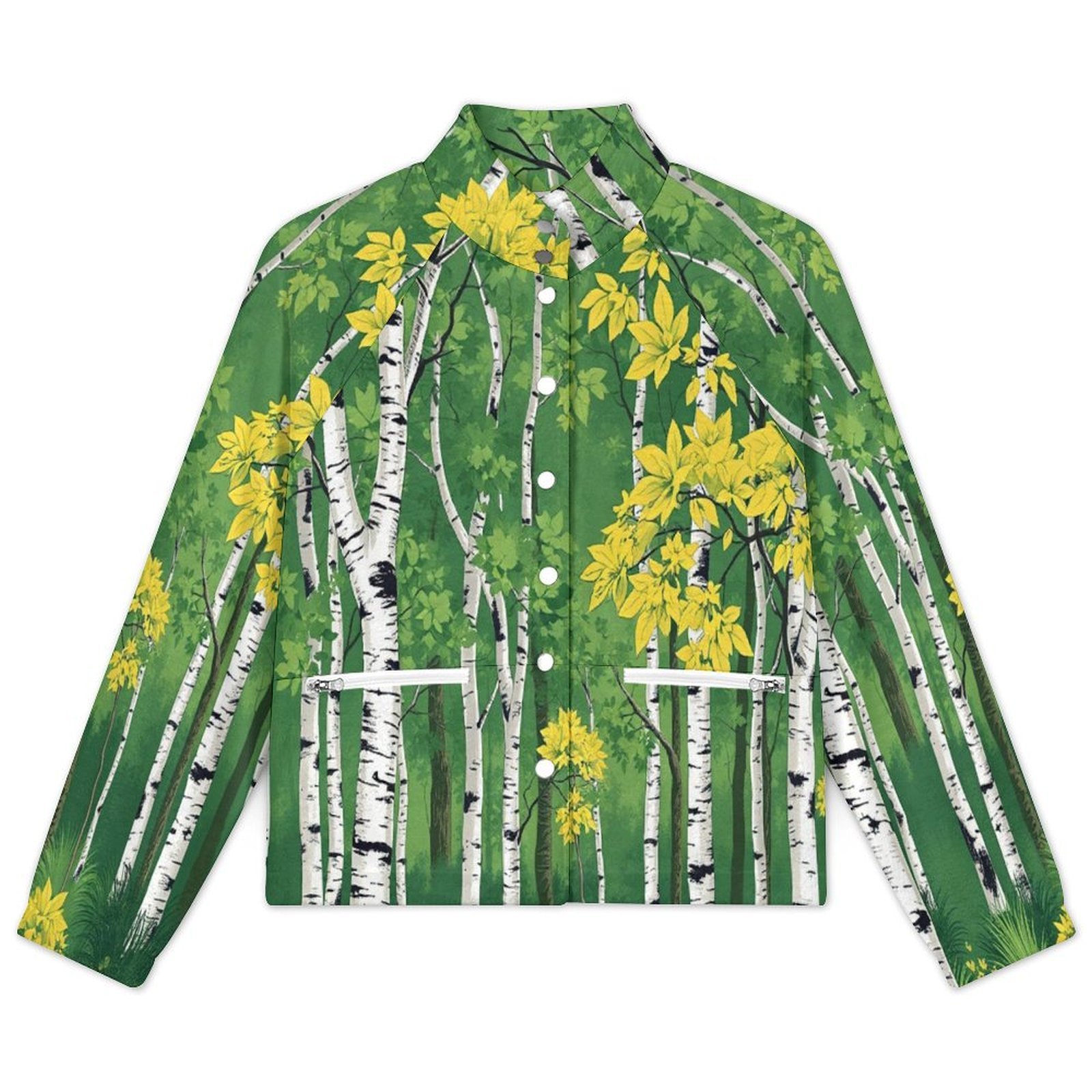 Birch Trees Yellow Flowers Warm Women's Plush Jacket Stand Collar Full ...
