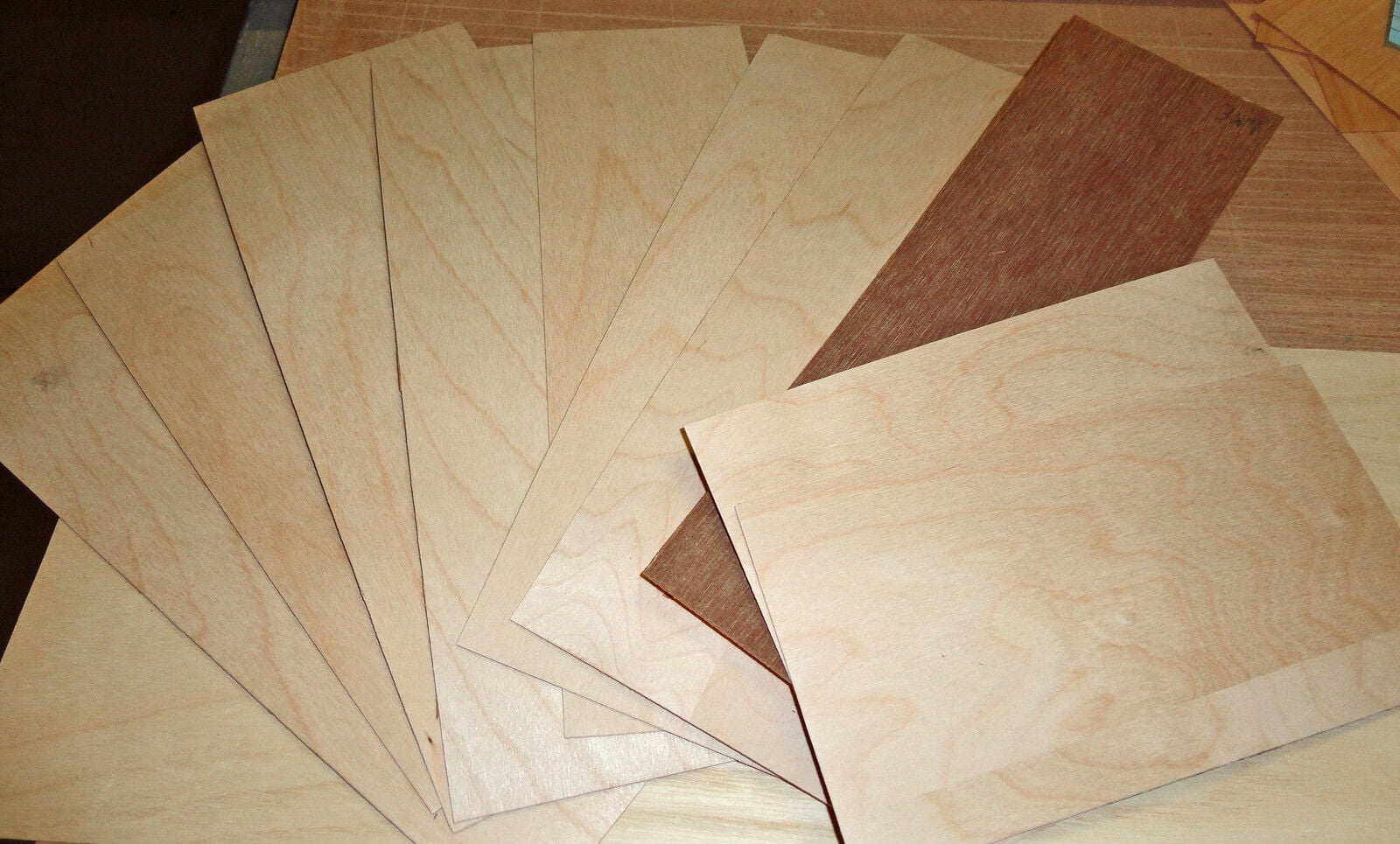 Birch wood veneer sample pack = 10 pieces with phenolic backer (3"-5" x ...