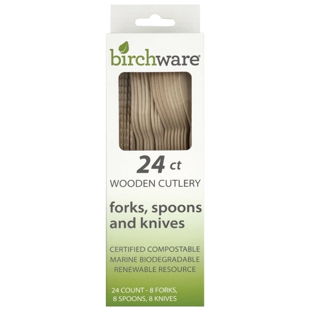 Birchware Compostable Wooden Disposable Utensil Cutlery 24 Piece Packs ...